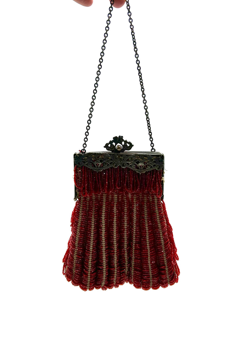 Vintage 1930s red glass beaded purse ornate sterling silver frame ...