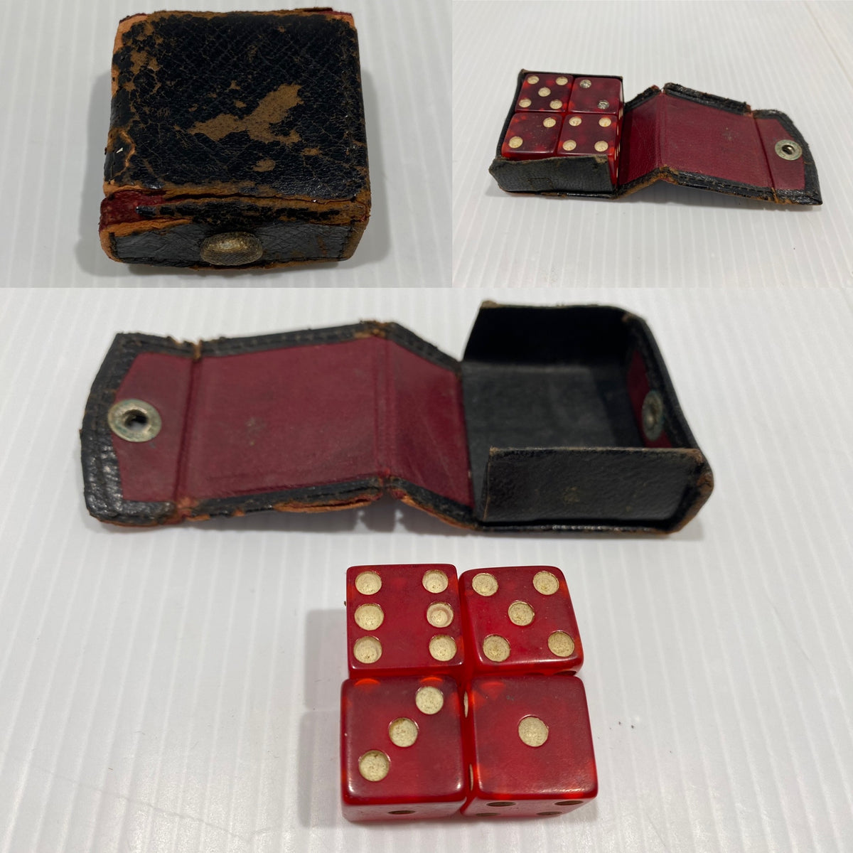 4 Vintage 1930s Red Bakelite Dice, in original leather Box. Made in US ...