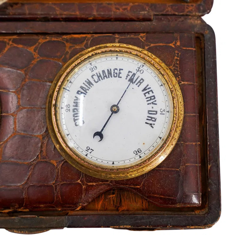 Antique English Brass Ship Clock and Barometer Set In mahogany wood ca ...