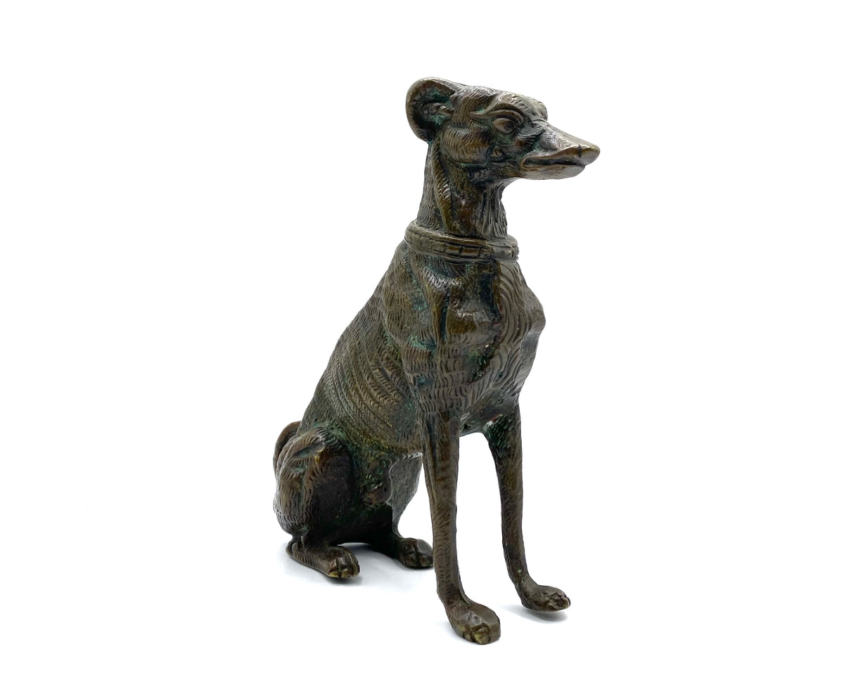 Antique late 19th C. Bronze seated Greyhound Dog. Brown patina ...