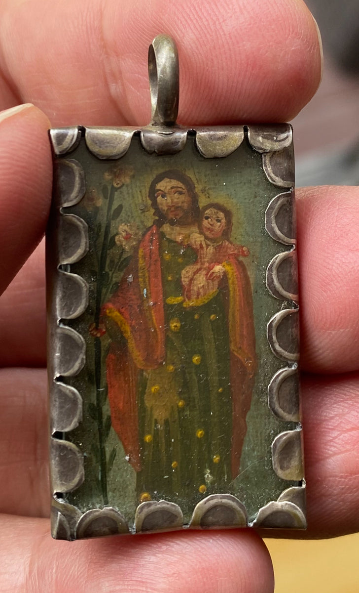 Antique, Silver, Relicario Medallion of Saint Joseph with the flowerin ...