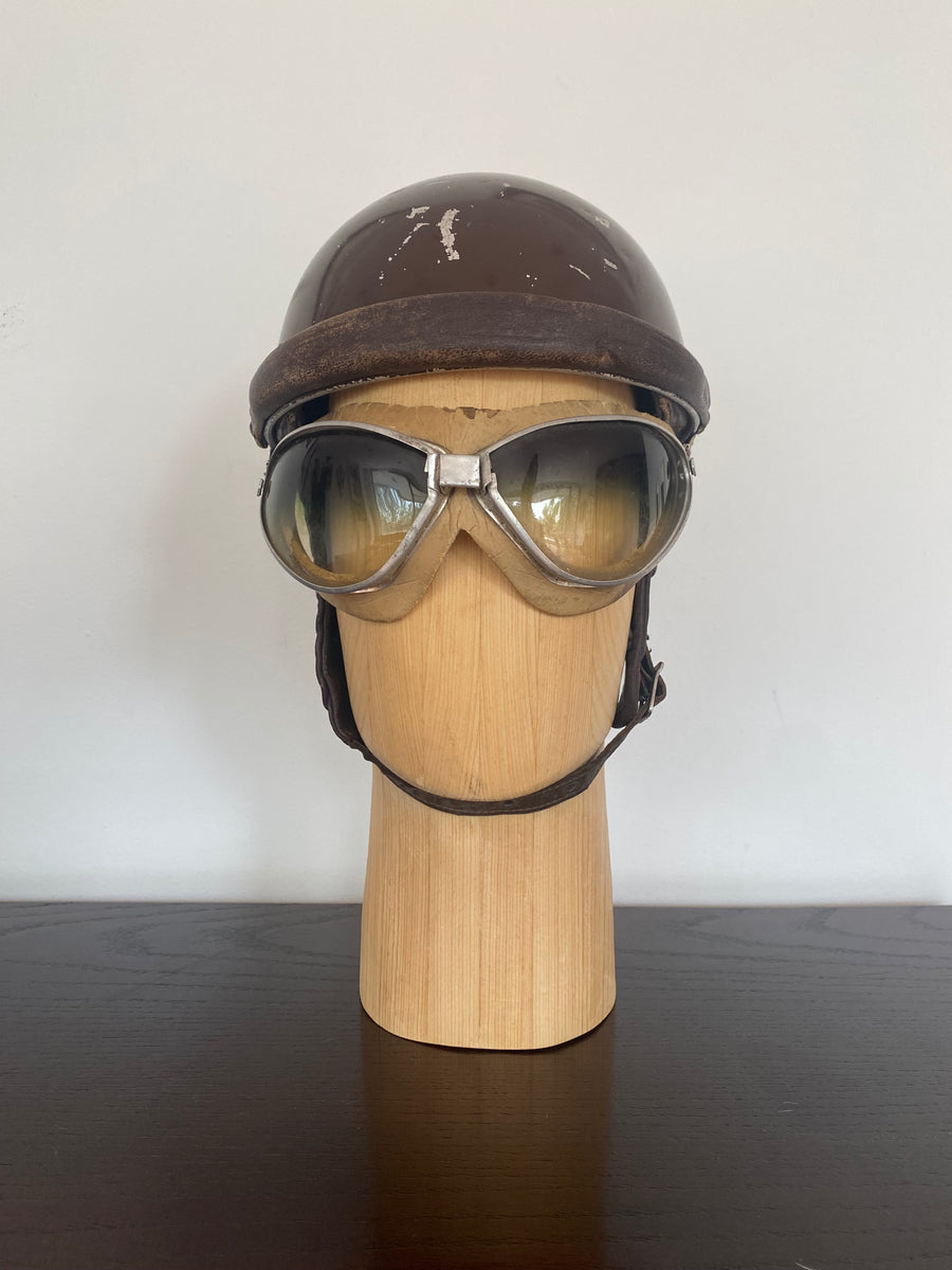 Vintage Motorcycle Crash Helmet with goggles. Helmet made by P.M ...