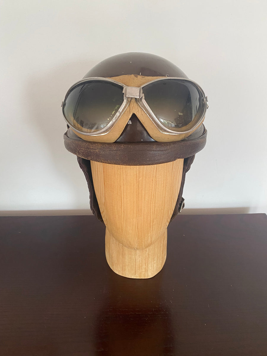 Vintage Motorcycle Crash Helmet with goggles. Helmet made by P.M ...